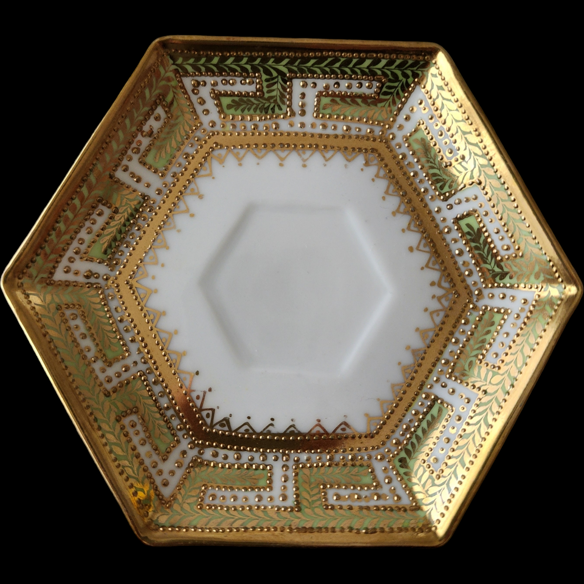 Antique Nippon RC Hexagonal Saucer – Hand Painted Green & Gold Moriage ...