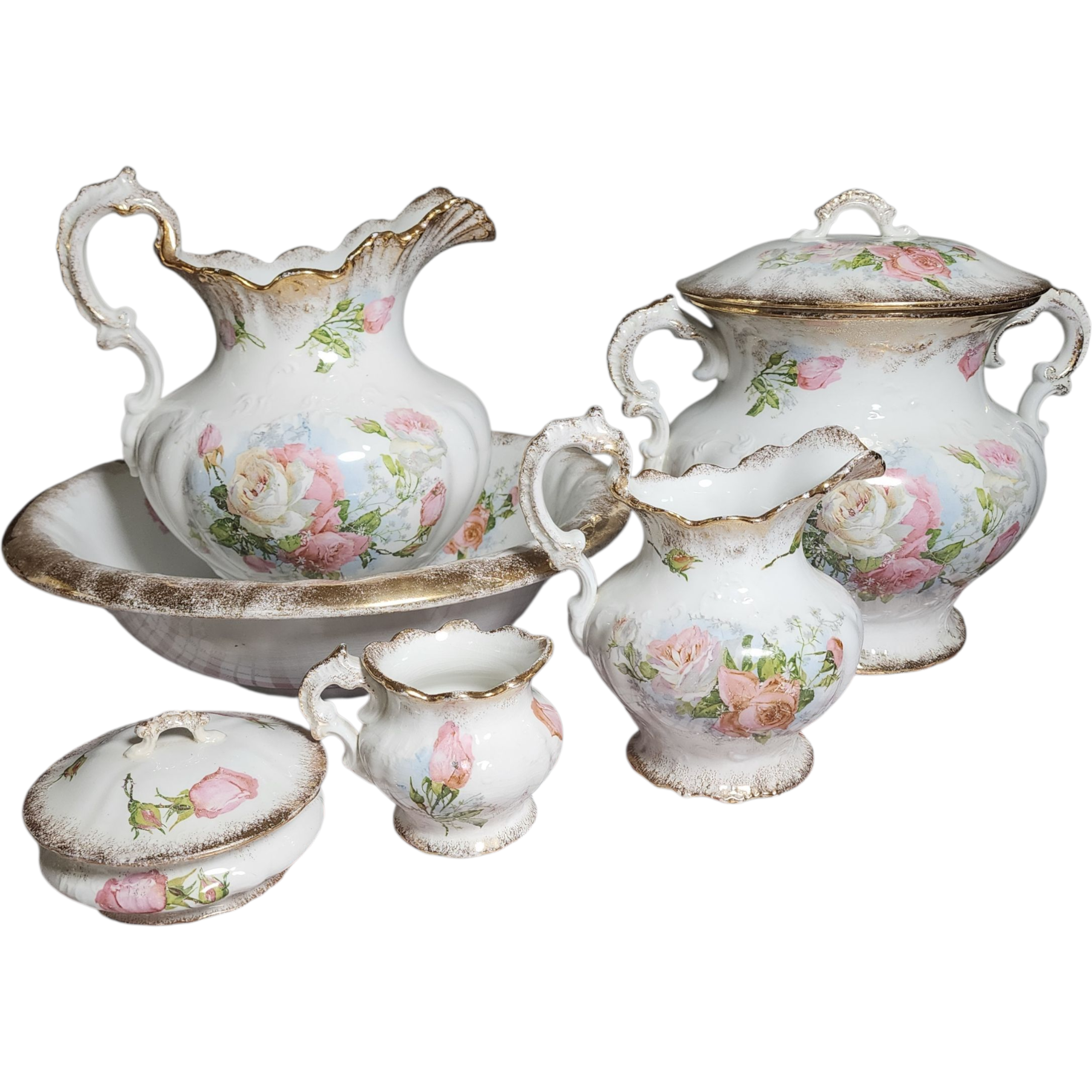 Antique Homer Laughlin Wash Basin & Pitcher Set 6 Pc Victorian Roses ...