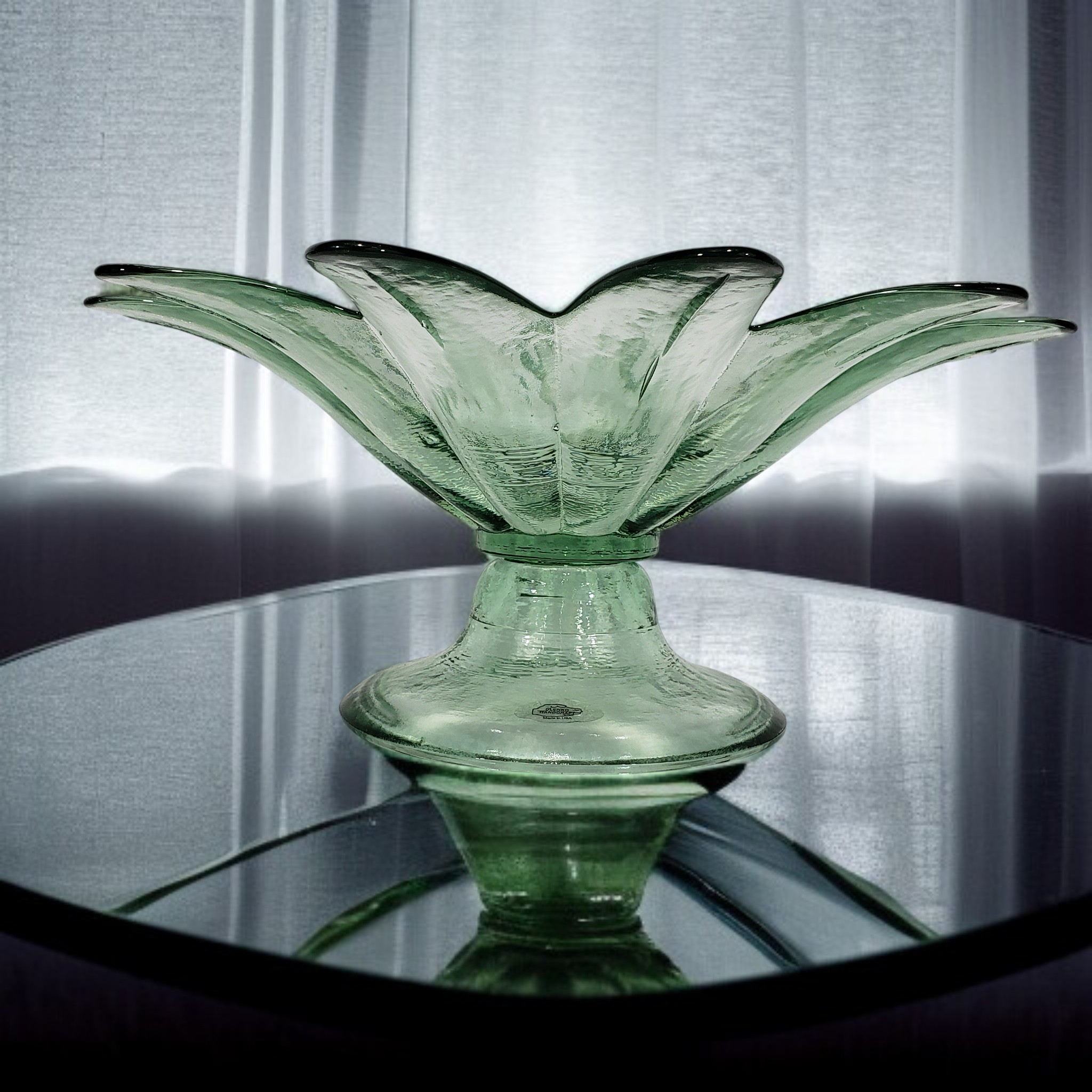 Vintage Recycled Glass Pedestal Bowl Large Green Flower Petal Design ...