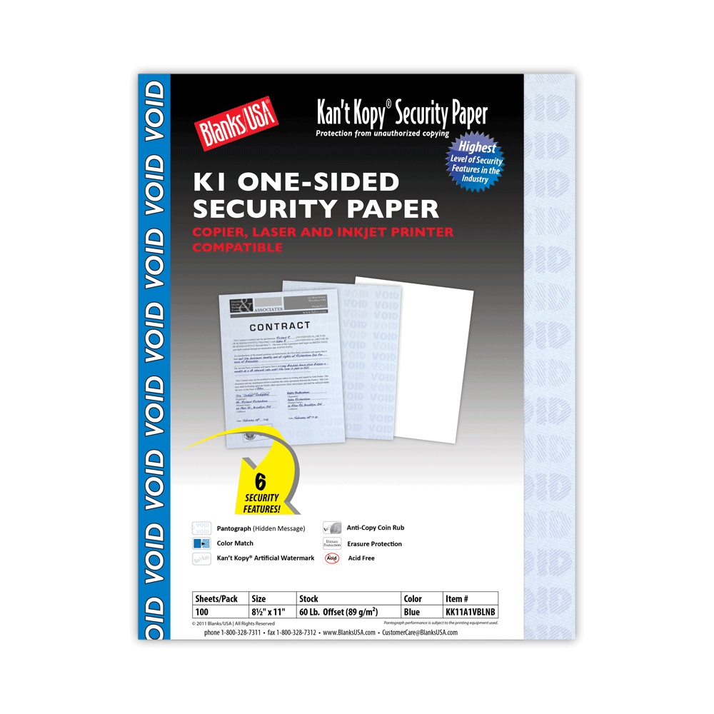Kan't Kopy® K1 Security Paper with 6-8 Features | KK1 | Blanks/USA