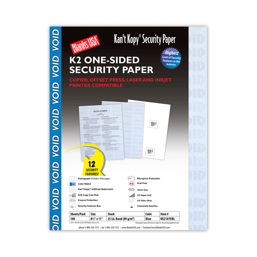 Kan't Kopy® K2 Security Paper with 10-12 Features | KK2 | Blanks/USA