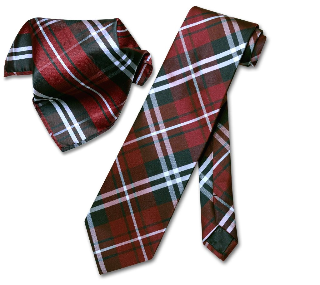 Vesuvio Napoli Black Burgundy White Plaid NeckTie Handkerchief Tie Set