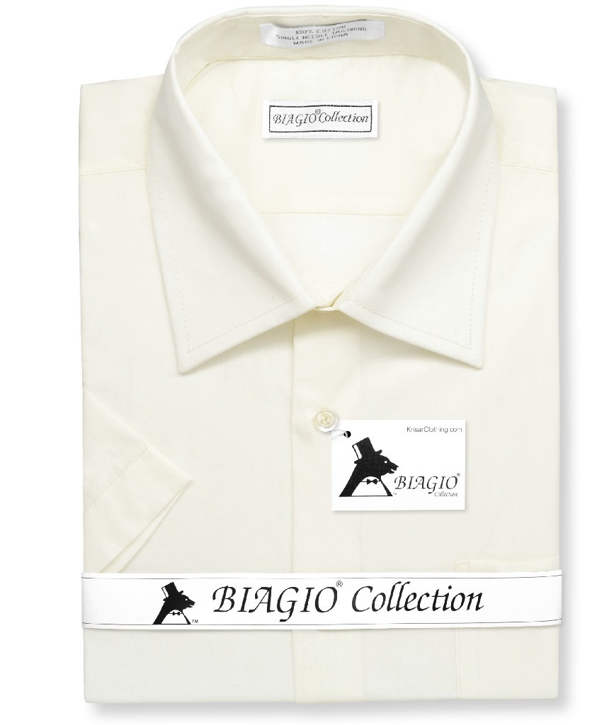 Cream Color Mens Short Sleeve Dress Shirt | Biagio 100% Cotton Shirt