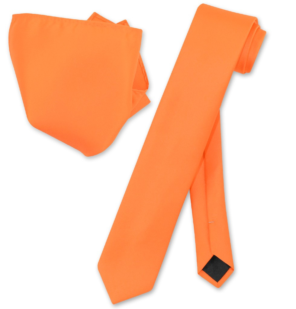 Vesuvio Napoli Solid Orange Skinny NeckTie Handkerchief Mens Tie Set