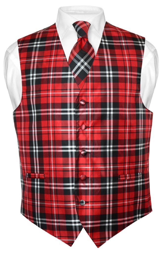 Mens Plaid Vest & NeckTie Set | Black Red White Plaid Pattern Set