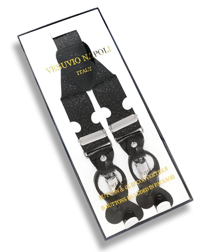 Mens Metallic Black Suspenders Y Shape Back Elastic Button & Clips