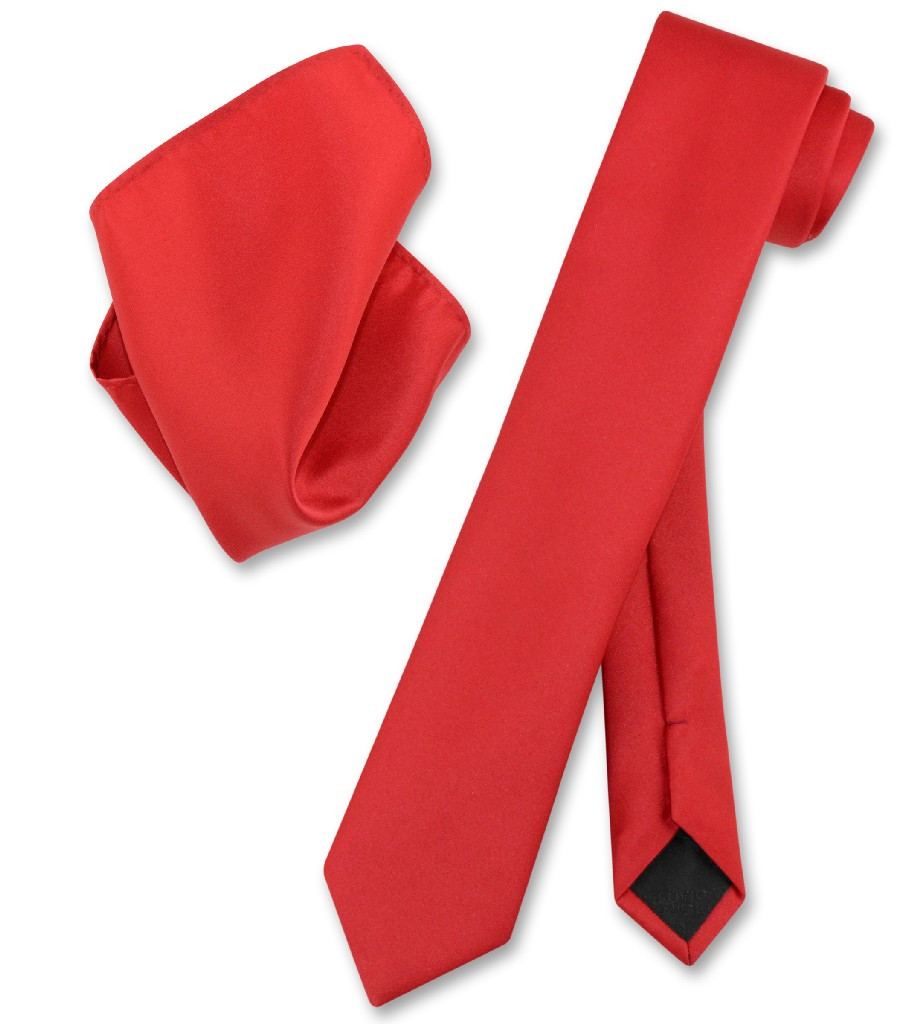 Vesuvio Napoli Solid Red Skinny NeckTie Handkerchief Mens Tie Set
