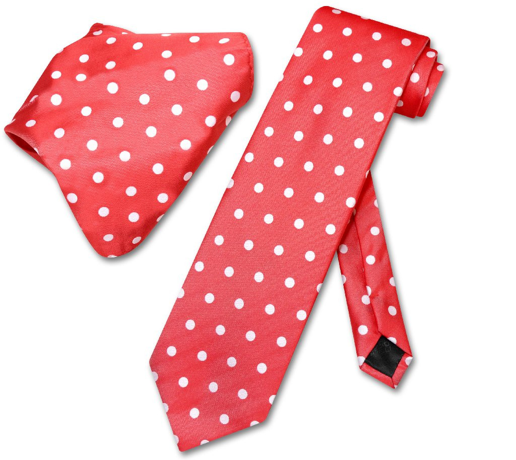 Red White Polka Dot Skinny Neck Tie Handkerchief Matching Set