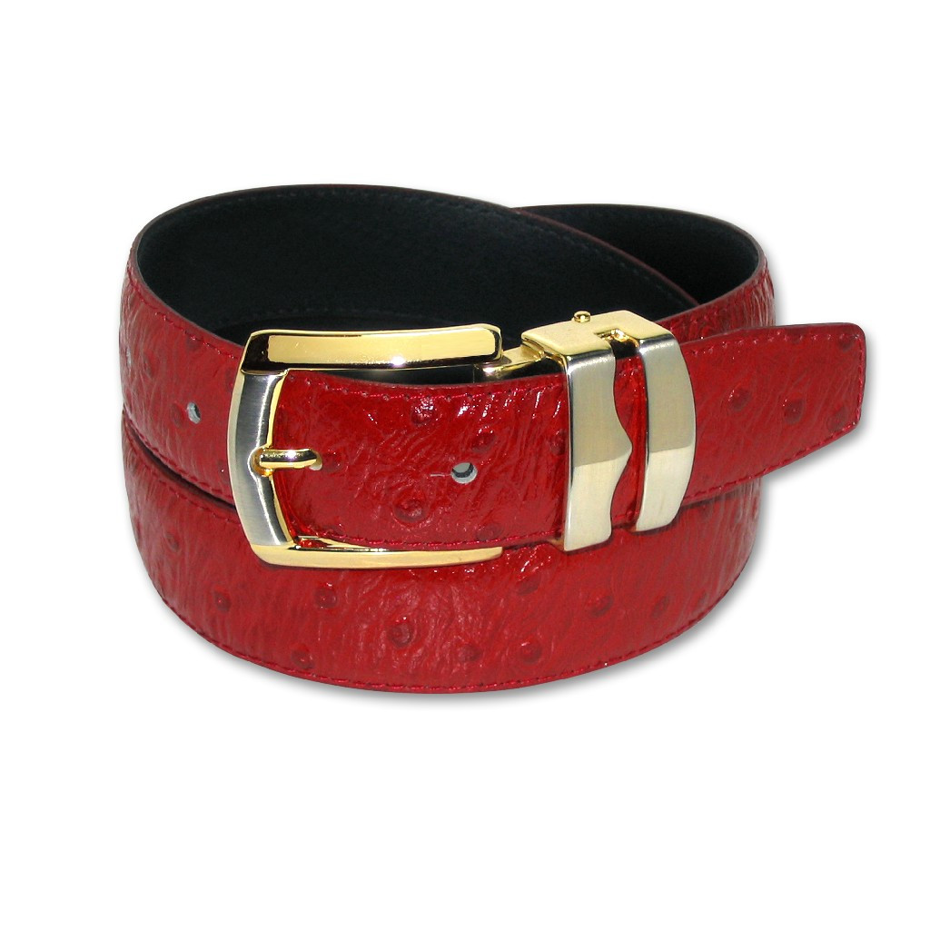 Ostrich Pattern Red Bonded Leather Mens Belt Gold-Tone Buckle