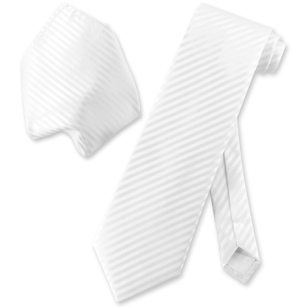 Vesuvio Napoli White Striped NeckTie & Handkerchief Neck Tie Set