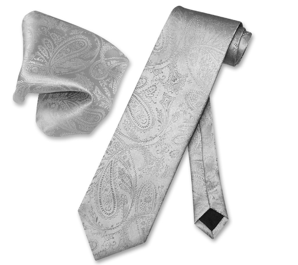 Vesuvio Napoli Silver Grey Paisley NeckTie & Handkerchief Neck Tie Set