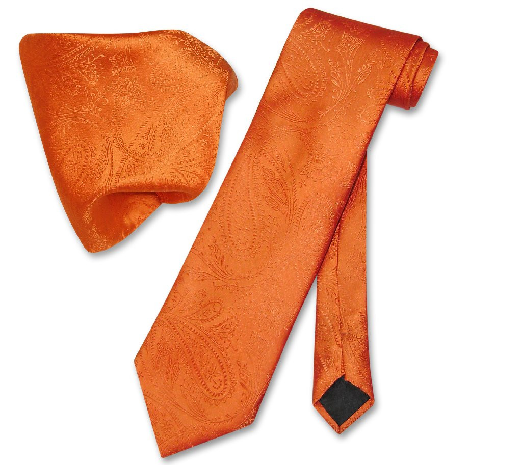 Vesuvio Napoli Burnt Orange Paisley NeckTie Handkerchief Neck Tie Set