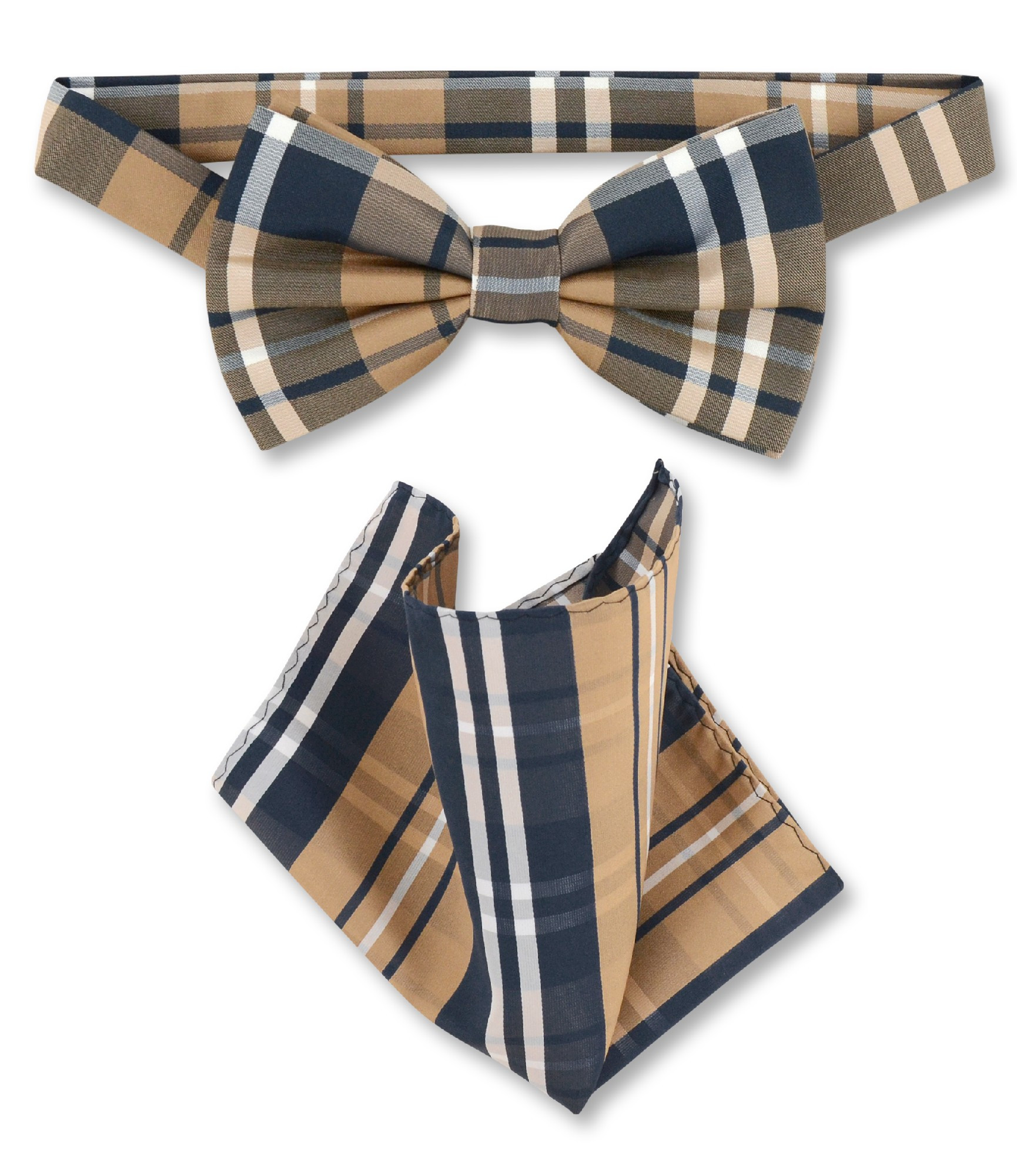 Navy Brown White Plaid Bow Tie Handkerchief Set | BowTie Set