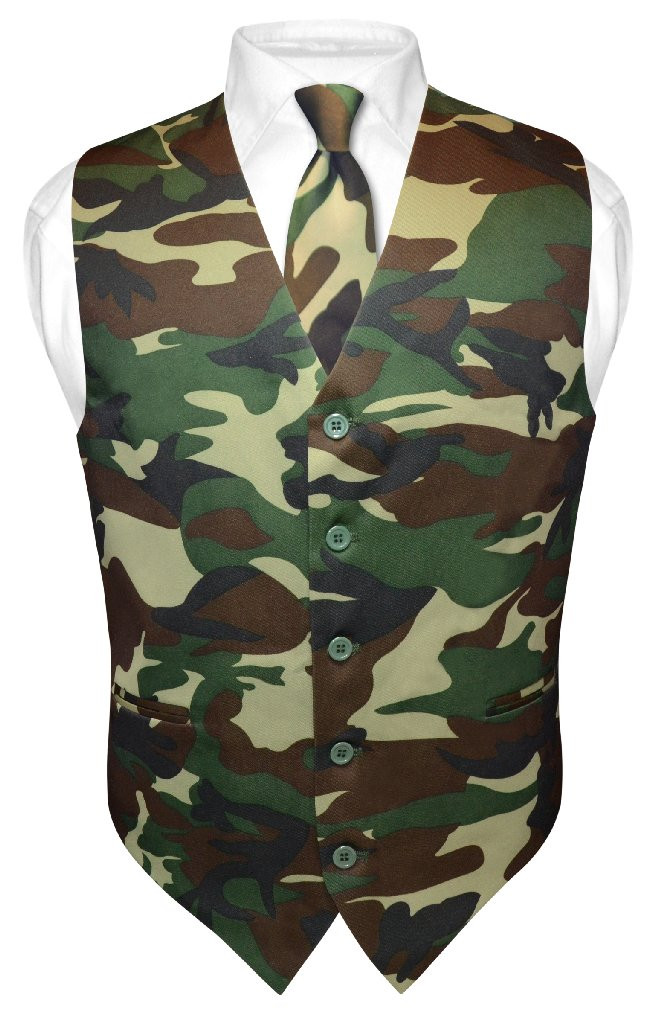 Mens Army Dress Vest NeckTie Green Camouflage Neck Tie Set sz Med