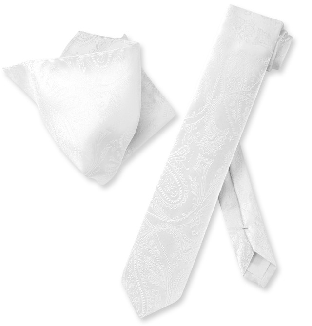 Mens White Paisley Skinny Tie Handkerchief Set | Mens Necktie Set