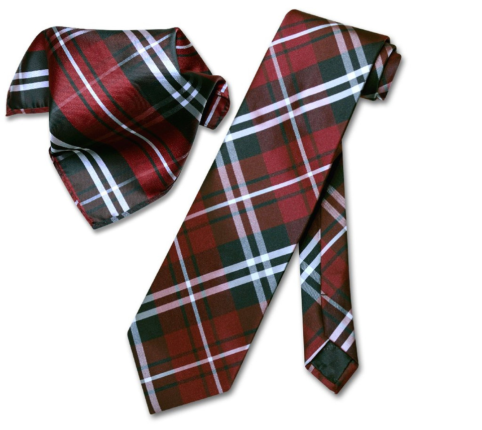 Vesuvio Napoli Black Burgundy White Plaid NeckTie Handkerchief Tie Set