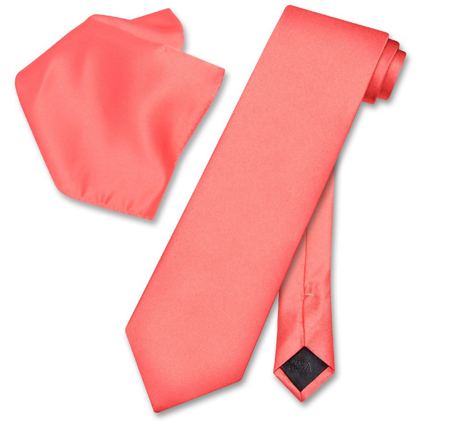 Vesuvio Napoli Solid Coral Pink NeckTie Handkerchief Mens Neck Tie Set