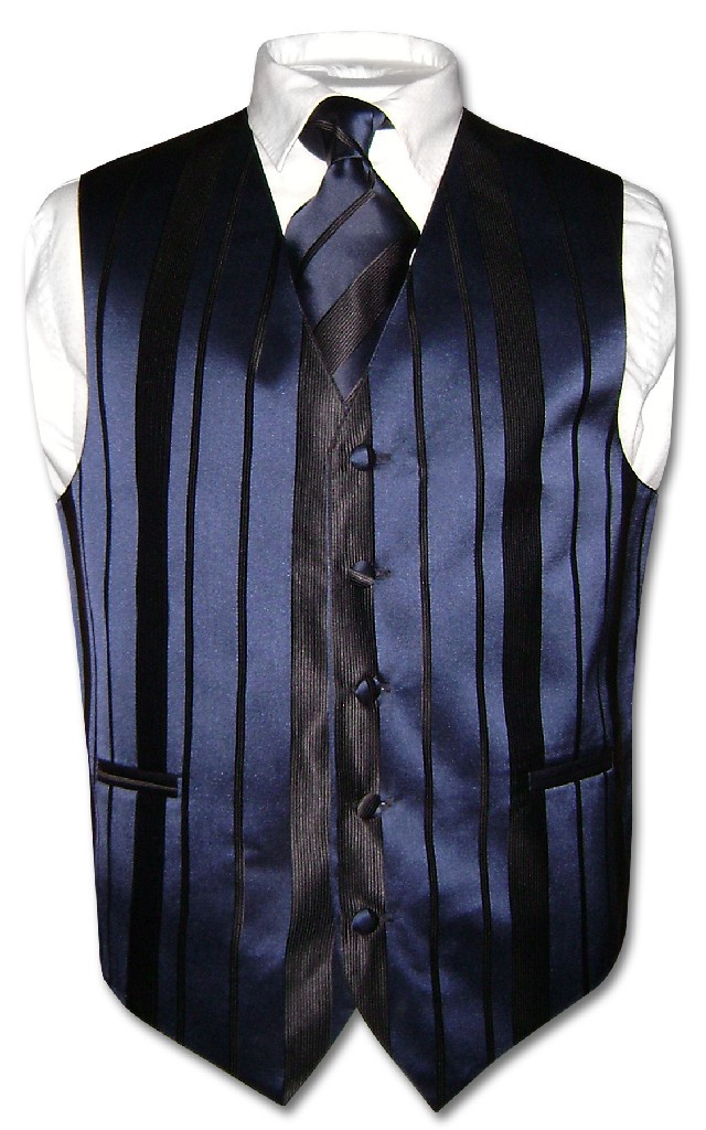 Mens Dress Vest & NeckTie Navy Blue Color Woven Striped Neck Tie Set