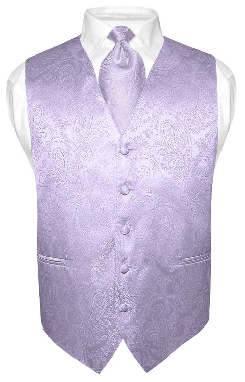 Mens Paisley Design Dress Vest & NeckTie Lavender Purple Neck Tie Set