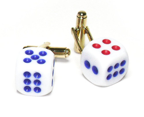 Dice Cufflinks | Mens Blue and Red Dice Shaped Gold Tone Cufflinks
