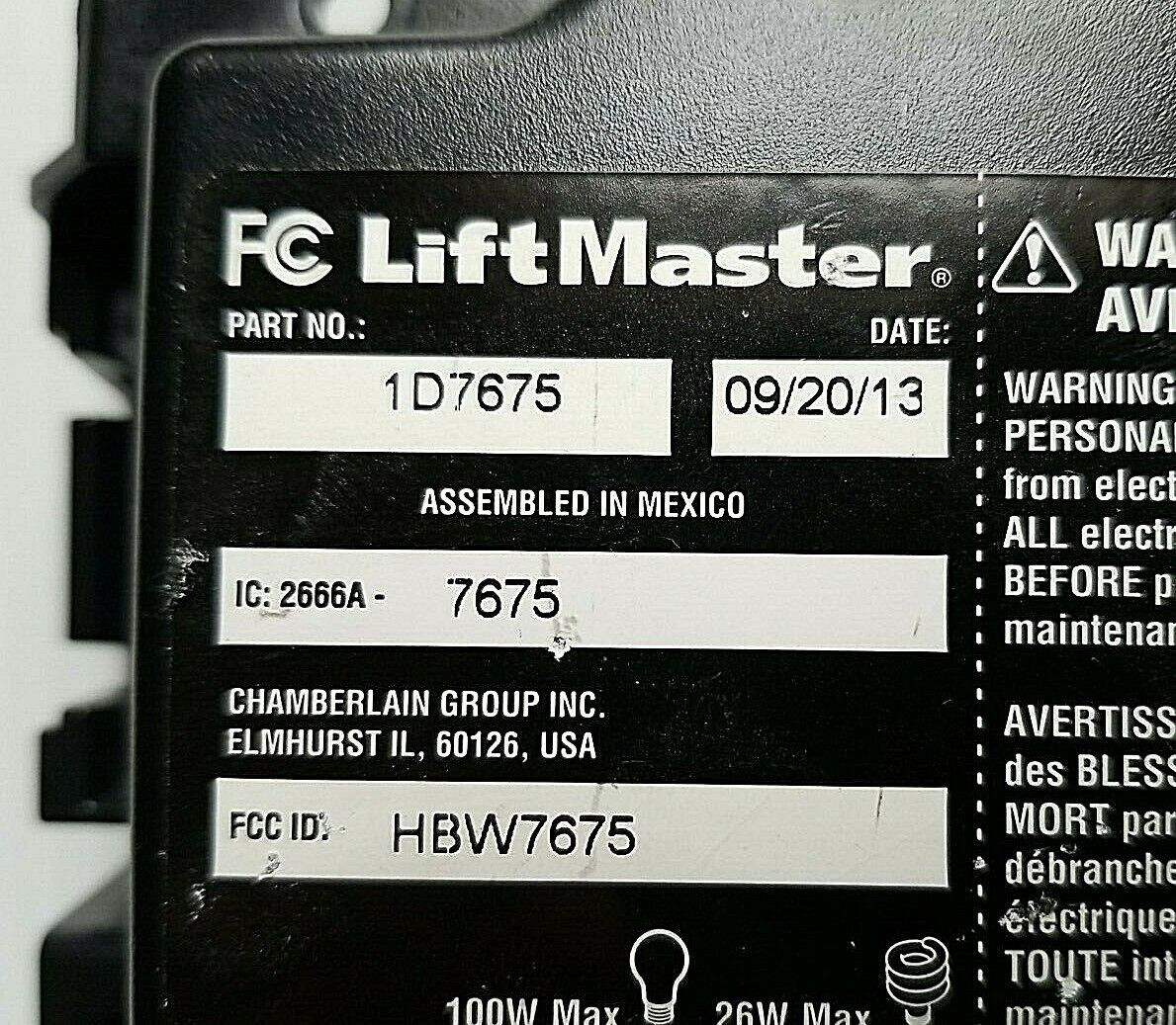 Liftmaster 1D7675 Garage Door Receiver Logic Board Yellow Learn Button ...