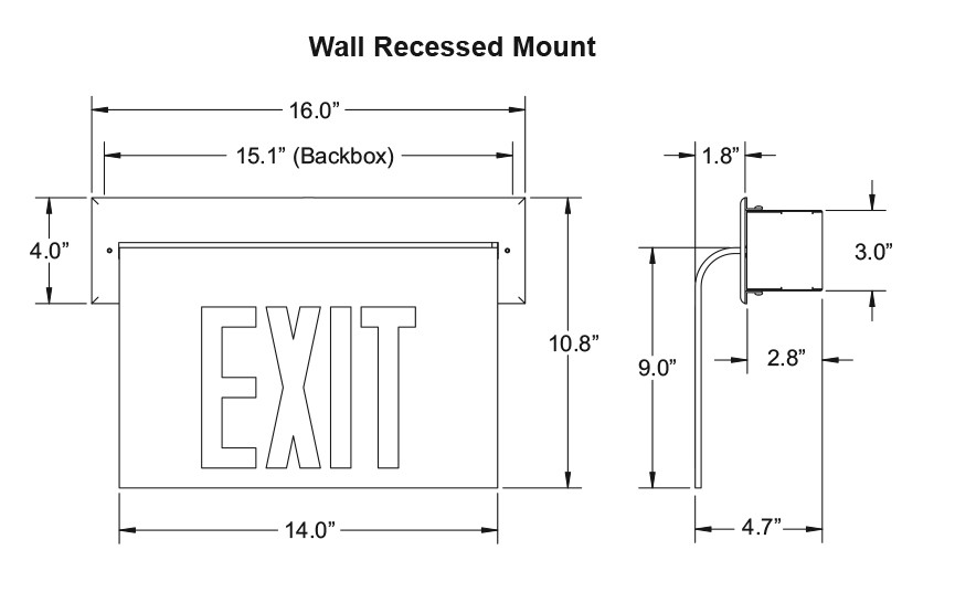 Wall Recessed Edge Lit Exit Sign with Green Letters
