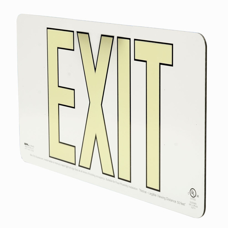 50' Ultra-Thin Photoluminescent Exit Sign with White Background