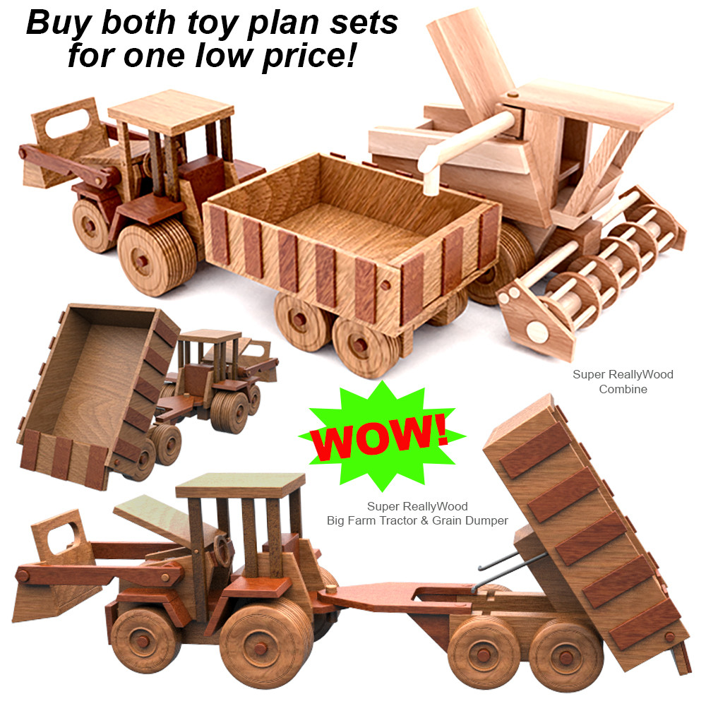Super ReallyWood Combine + Big Farm Tractor & Grain Dumper Wood Toy Plans