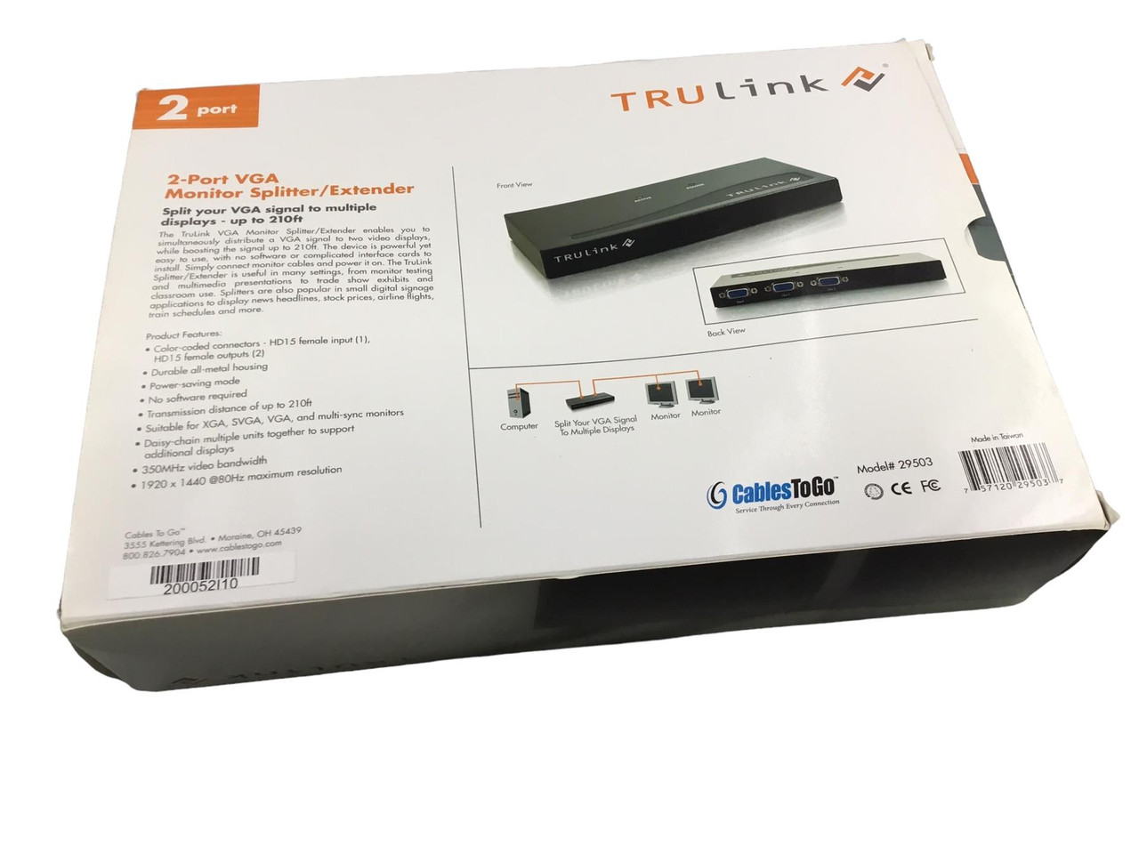 TruLink 2-Port VGA Monitor Splitter/Extender 210ft-Model: 29503, w/o cable