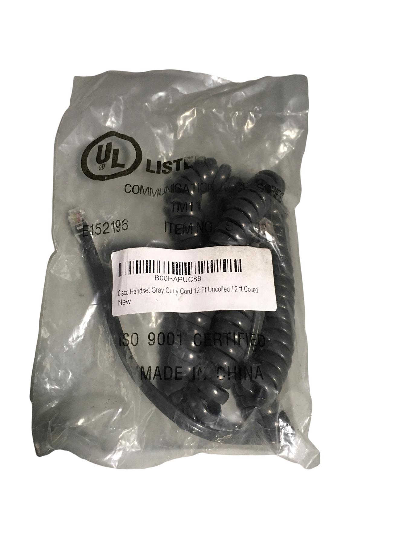 Cisco Handset Gray Curly Cord 12ft. Uncoiled/ 2 ft. Coiled, B00HAPUC88 New!