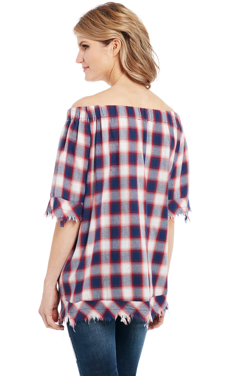 Plaid Off-The-Shoulder Button Up Top With Raw Edge Fringe Detail ...