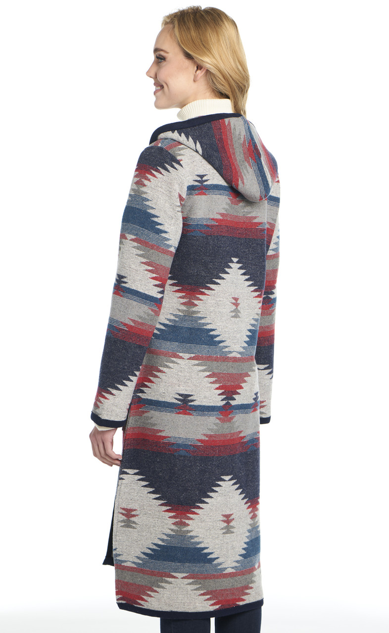 Button Front Navajo Blanket Duster W/ Contrast Trimmings And Hood ...