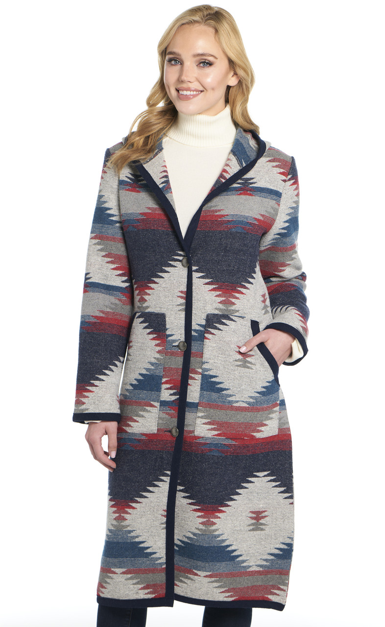 Button Front Navajo Blanket Duster W/ Contrast Trimmings And Hood ...