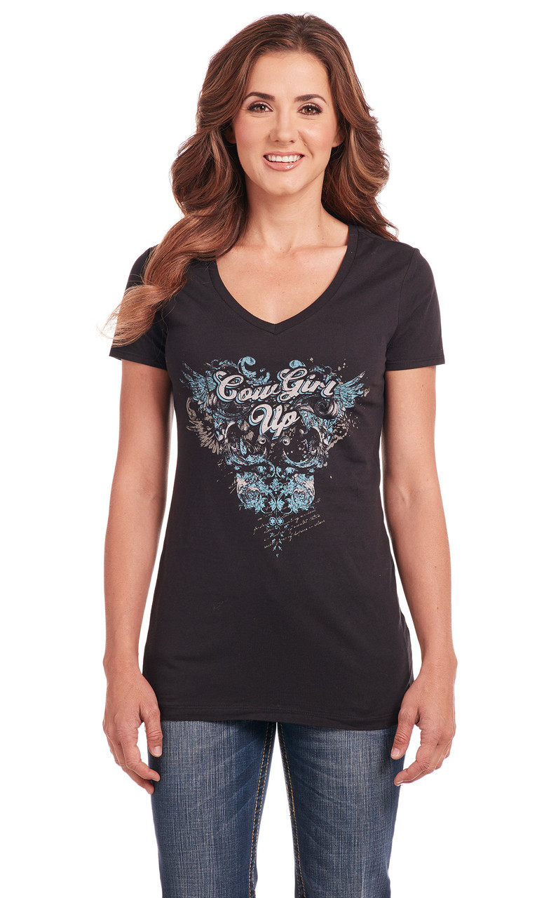 Ornate Cowgirl Up V Neck Tee Cripple Creek