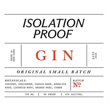 Isolation Proof Gin Original Small Batch Gin NV 750ml