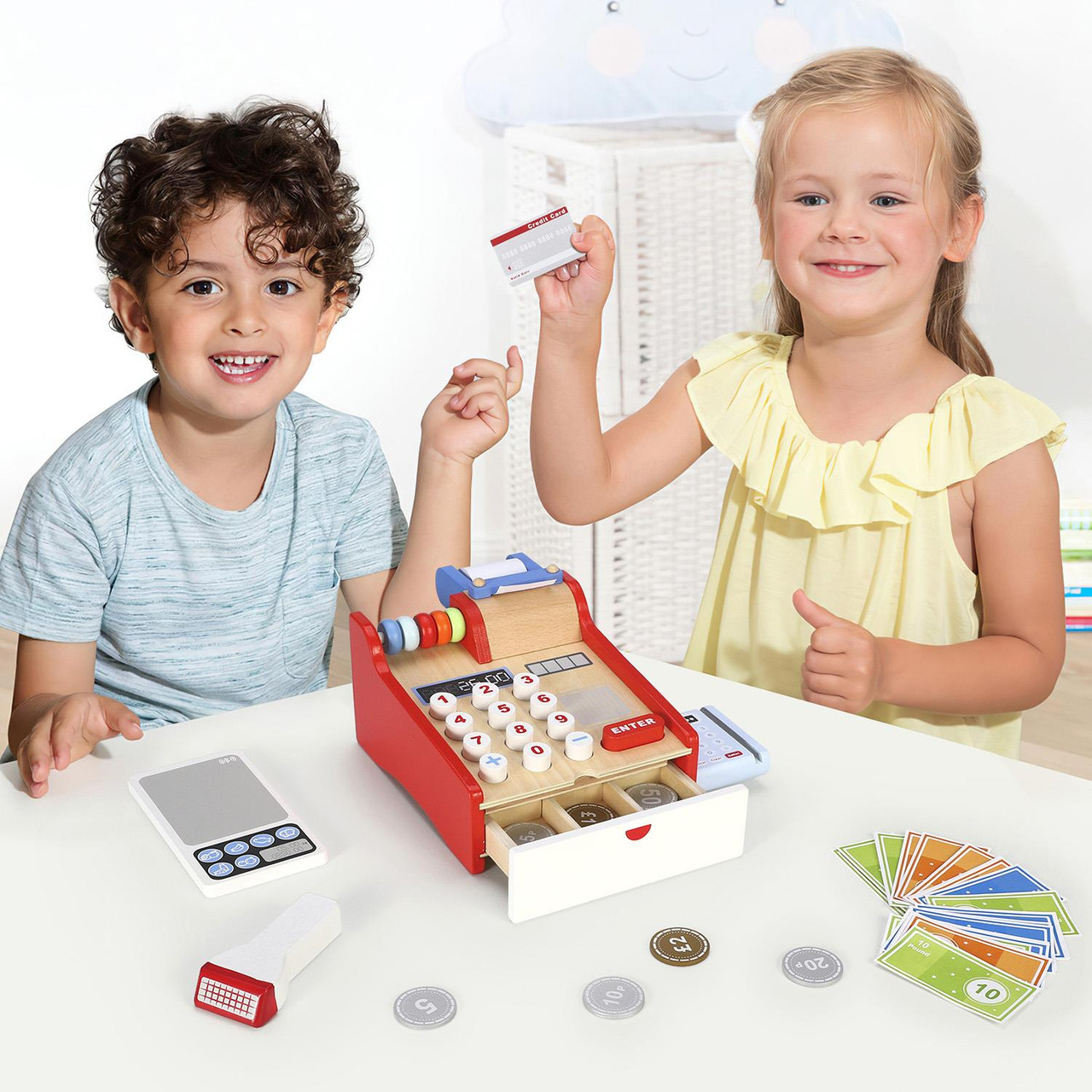 SOKA Wooden Cash Register Children’s Shop Grocery Checkout Till Toy ...