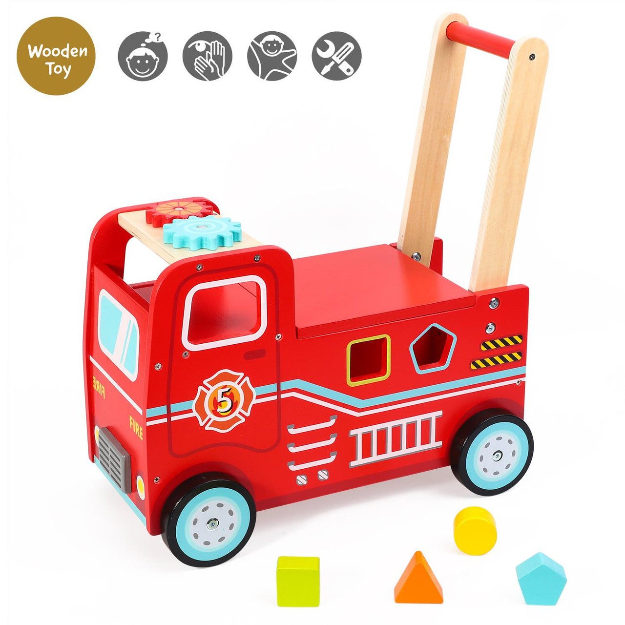 SOKA Wooden Fire Engine Rider and Push Along Toy with Shape Blocks Baby ...