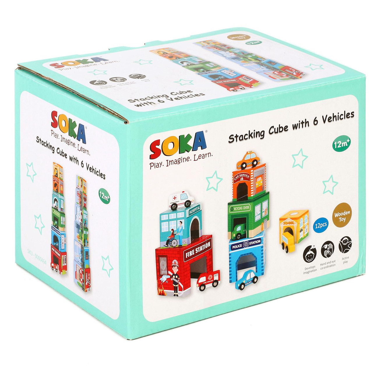 SOKA 12pcs Stacking and Sorting Cubes Wooden Balancing Buildings & Vehicles Fire Engine Police ...