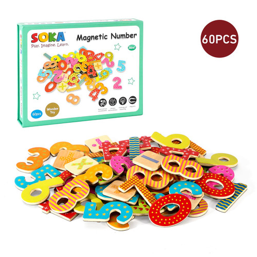 SOKA Magnetic Wooden Numbers 60 pcs Early Developmental Toy Learning Fridge Magnet Activities ABC Educational Montessori Children Toddler Games for