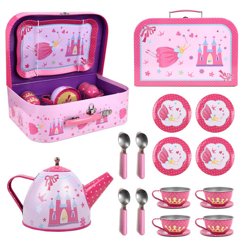 SOKA Kids Metal Tin Tea Party Set with Carry Case Toy for Kids - 18 Pcs ...