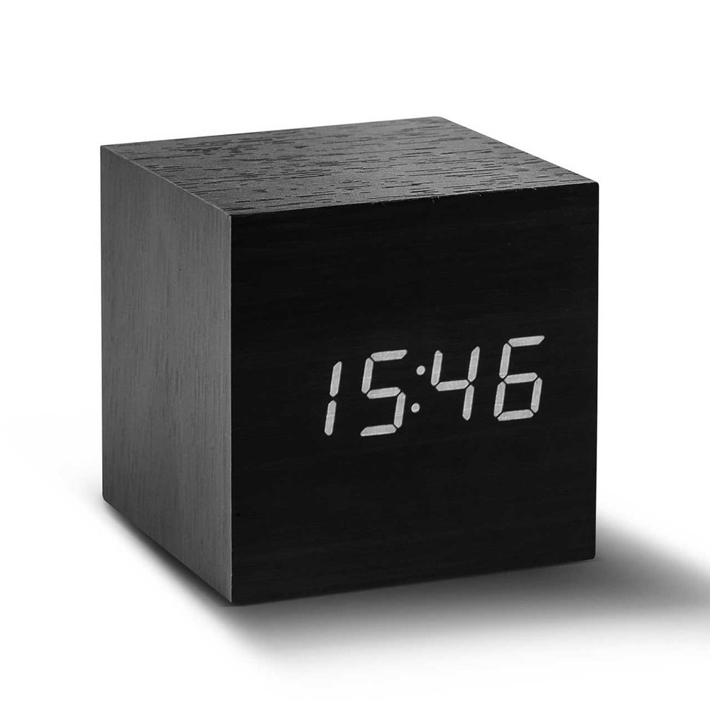 Black Gingko Cube Click Alarm Clock White LED | the design gift shop