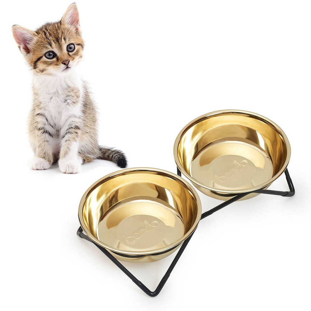 Bendo Double Cat Bowl Meow Meow Luxe Gold On Black | the design gift shop