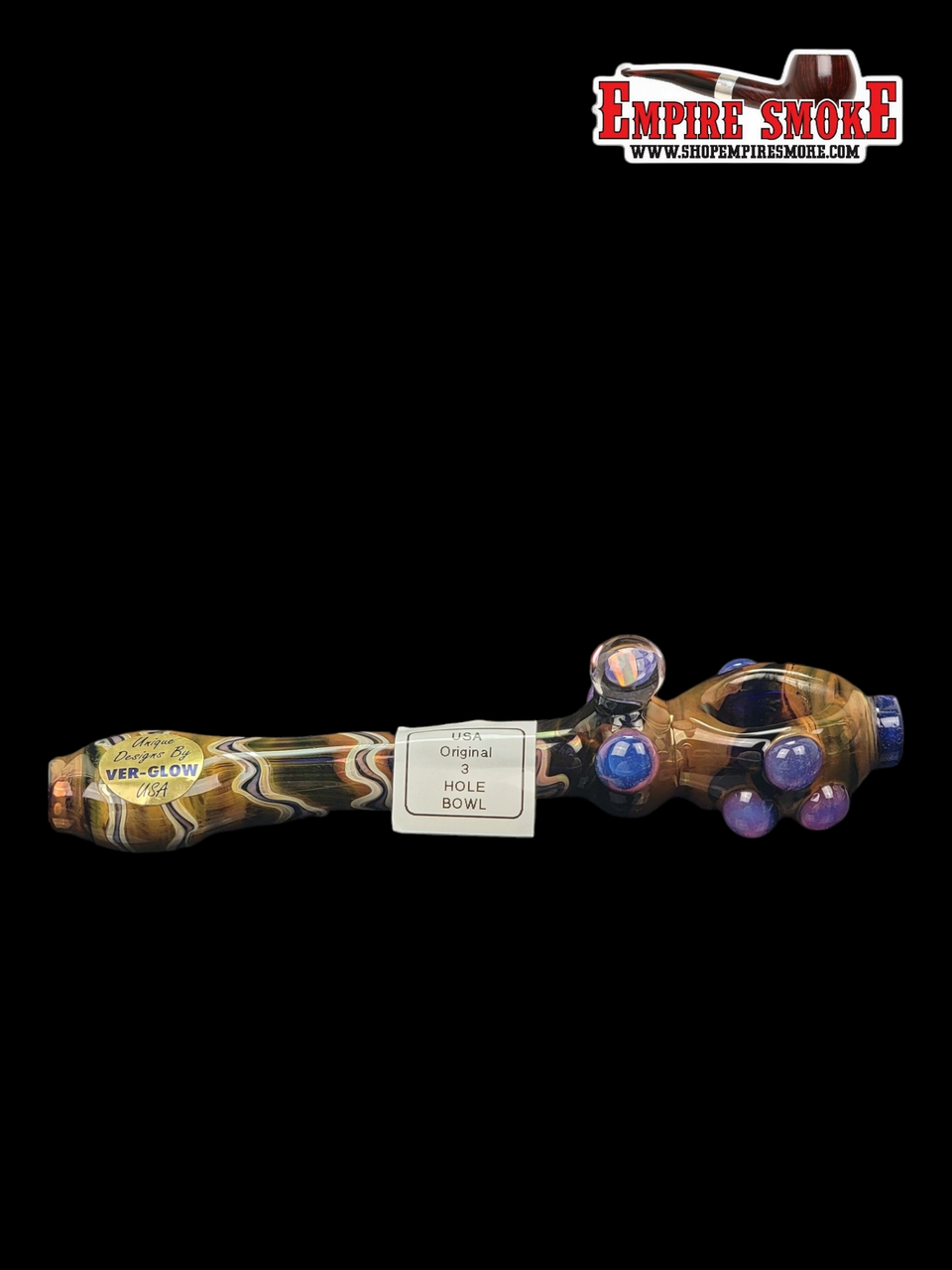 Ver-Glow Glass- 3 Hole Pipe Full Color W/Opal #1 - Empire Smoke