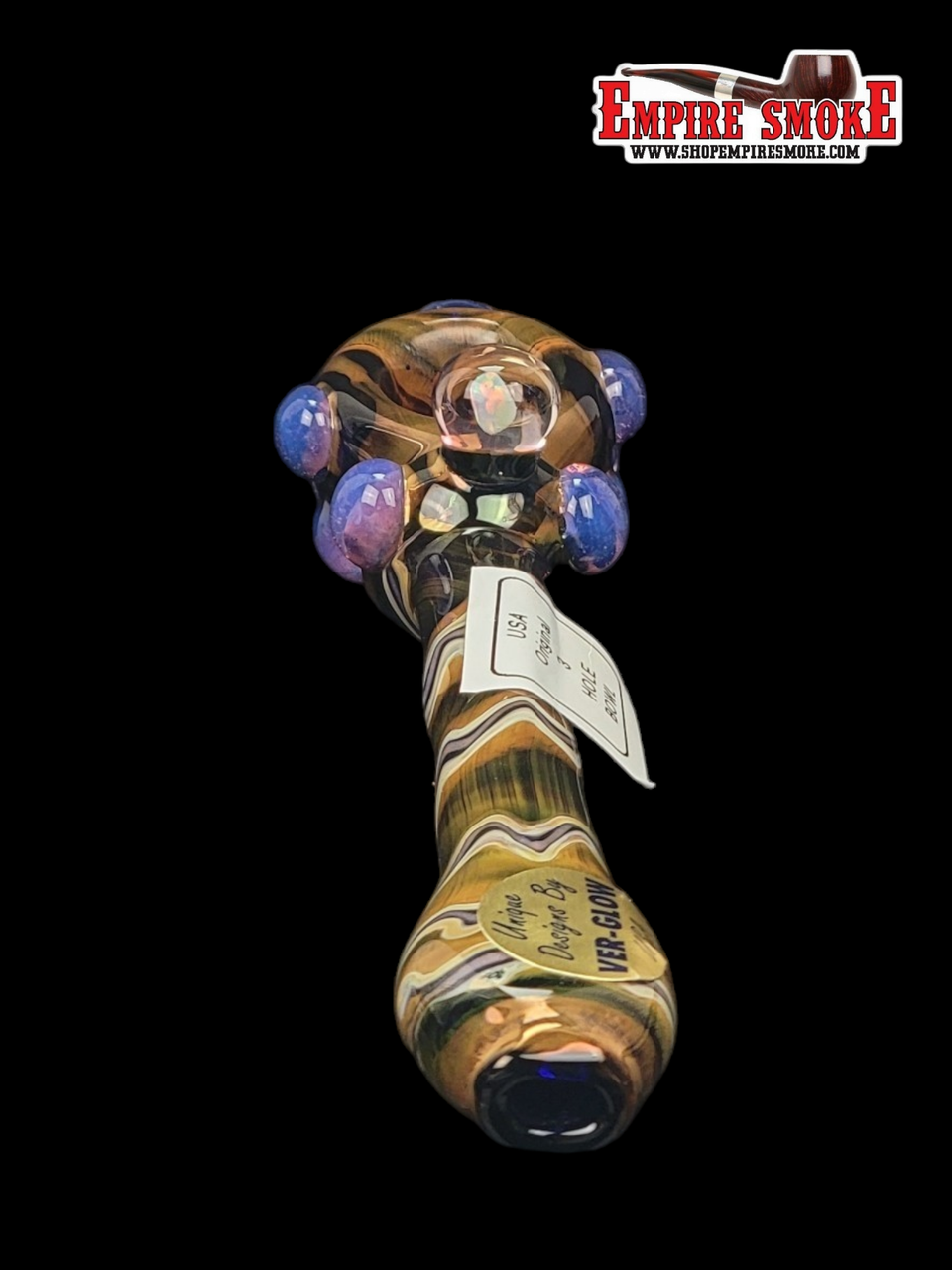 Ver-Glow Glass- 3 Hole Pipe Full Color W/Opal #1 - Empire Smoke