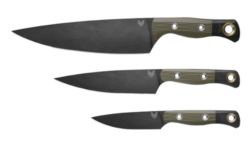 Benchmade Kitchen 3 Piece Cutlery Set Chef Utility Paring Black DLC Finish CPM 154 Blades OD Green Black G 10 Handle Scales 4000BK 01