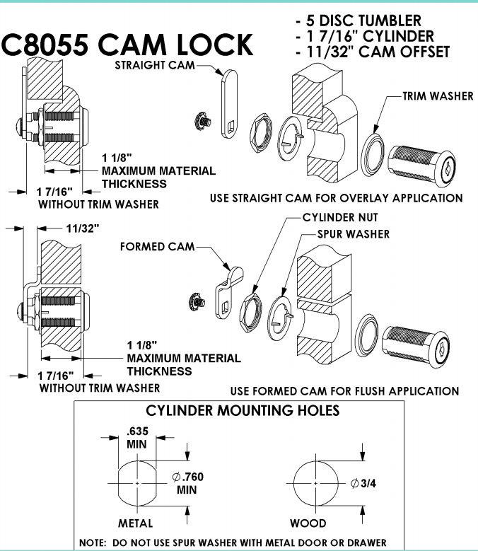 Compx National C8053-KD-4G Cam Lock, 1-3/16 Keyed Different Antique Finish