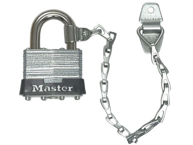 Master Lock 1KACN Laminated Steel Padlock w/Collar and Chain, Factory Keyed
