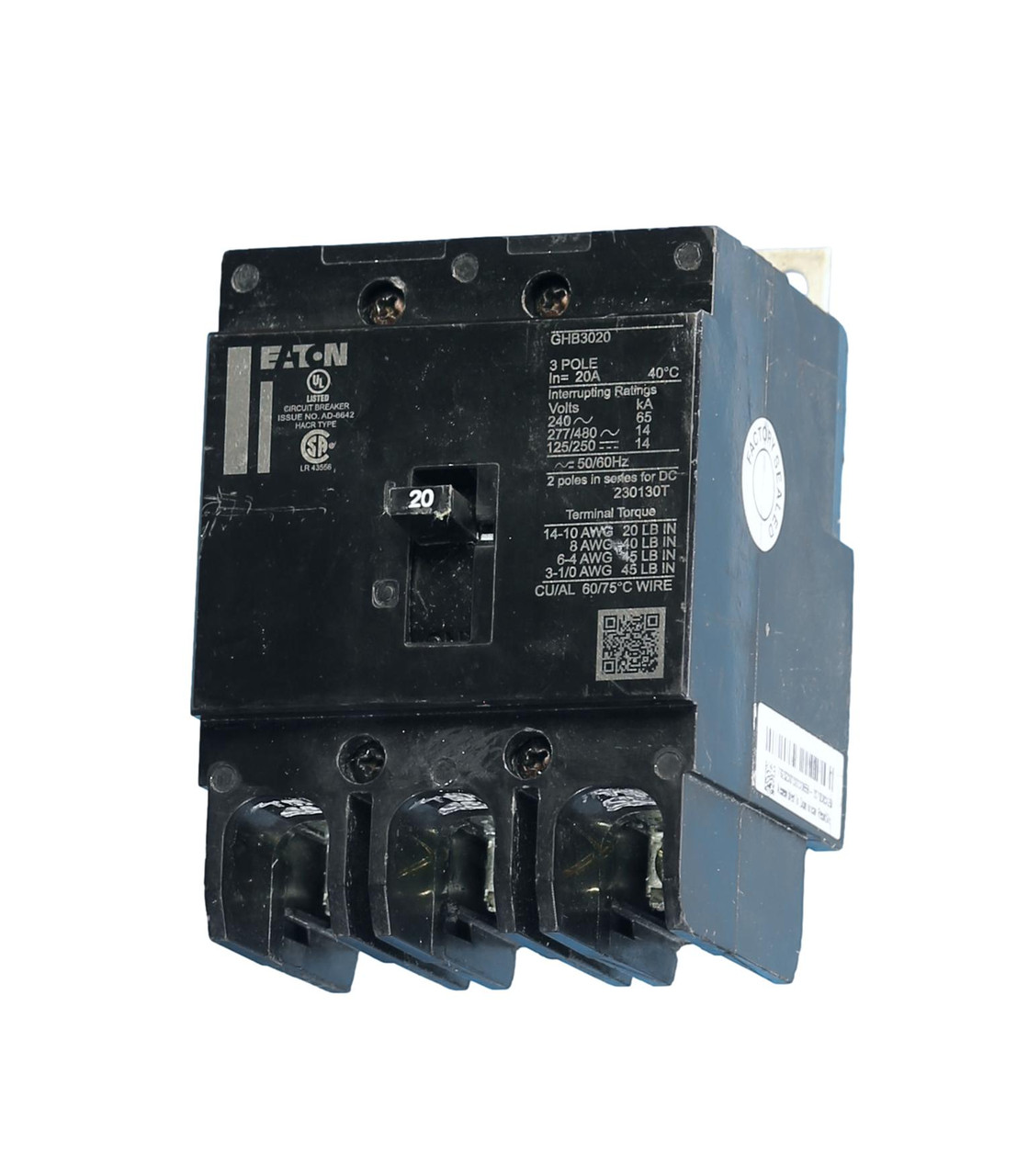 Eaton 277/480V GHB3020 Eaton Bolt-on 20 Amp 14k HACR Rated Circuit Breaker