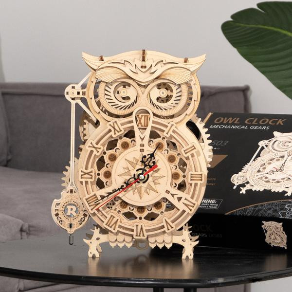 "Owl Clock" Battery Powered Mechanical Wooden Model Kit | LK503 | Rokr ...