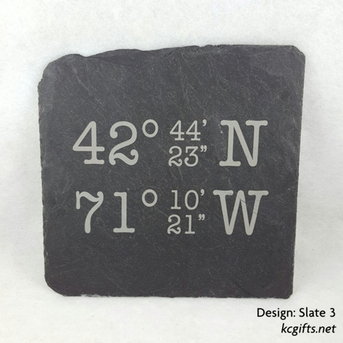 Personalized engraved slate sign and hotplate with GPS coordinates.